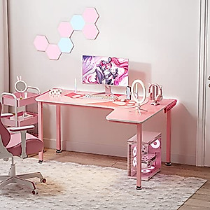 DESIGNA Pink Gaming Desk, 60 inch Pink L Shaped Gaming Desk, with Full Covered Cute Pink Desk mat for Girl Gaming Desk Pink, Easy to Assemble, Right Side