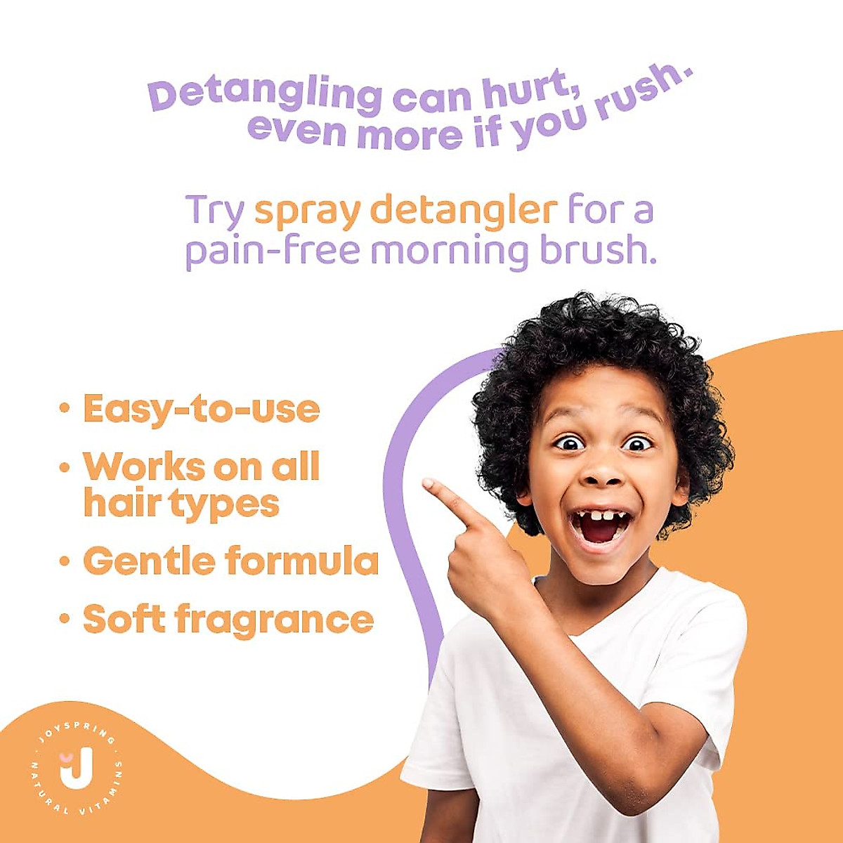 JoySpring Detangle Spray for Kids - Natural Conditioner & Detangler Spray with Argan Oil & Apricot - Curly Hair Detangling Spray (8 oz)