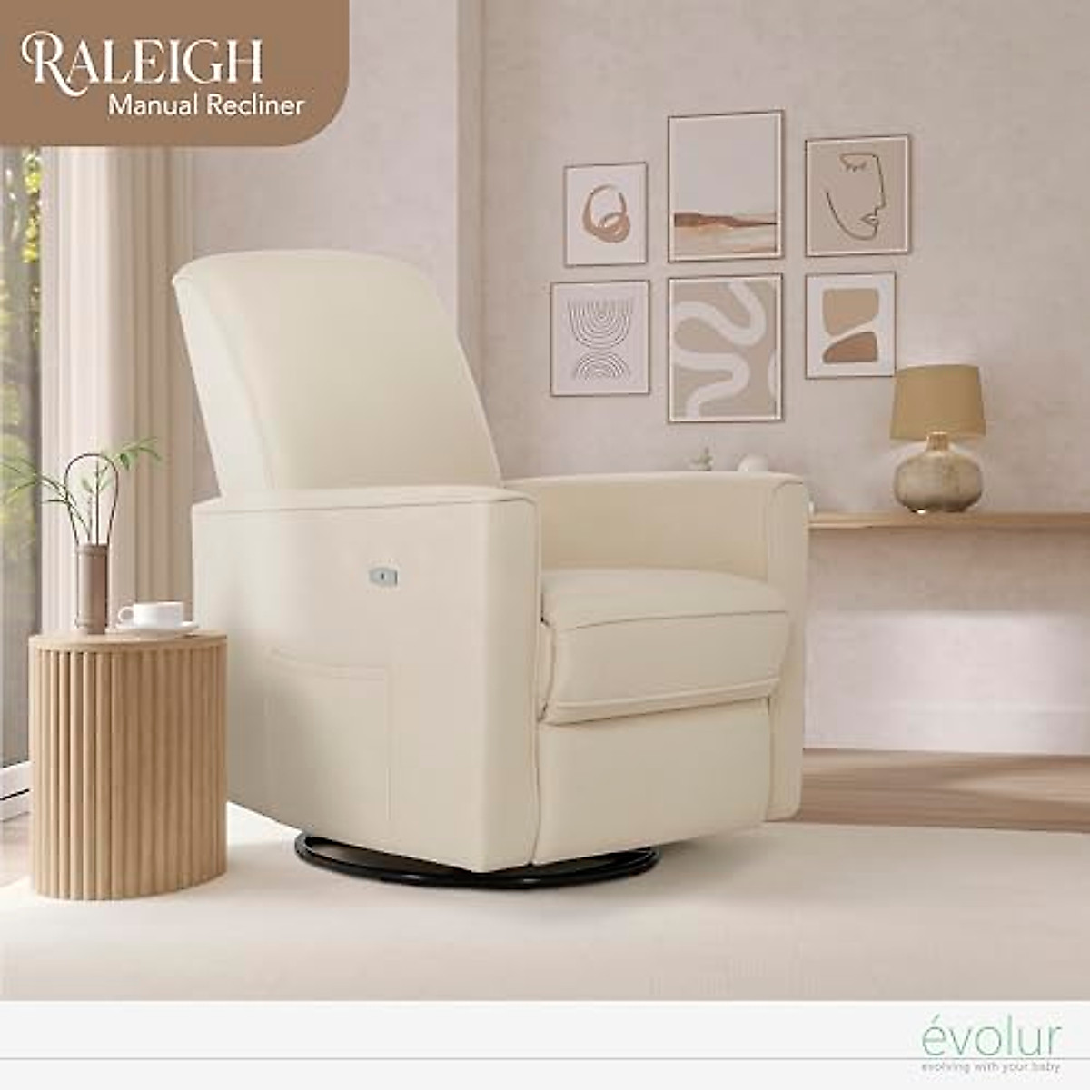 Evolur Harlow Deluxe Upholstered Plush Seating Glide Rocker, Swivel, Power Recliner with USB Port, Greenguard Gold Certified, Glider Chair for Nursery in Shell