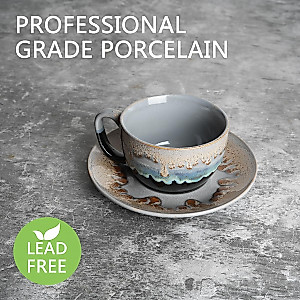 Bosmarlin Ceramic Cappuccino Cup and Saucer Set of 2, 10 Oz, Dishwasher and Microwave Safe, Coffee Cups for Latte, Espresso, Tea, Reavtive Glaze (Grey, 10 oz)