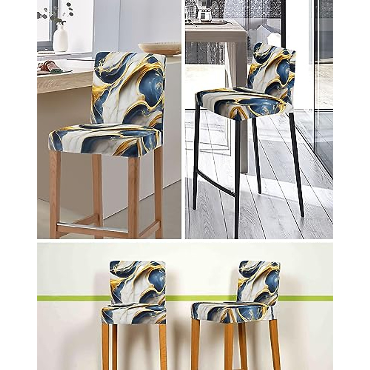 Navy Blue Gold Bar Stool Chair Covers with Backs Set of 4,Stretch Pub Counter Height Chairs Slipcovers Furniture Seat Protector for Kitchen Dining Room Cafe,Marble Modern Art Abstract Gradient Gray