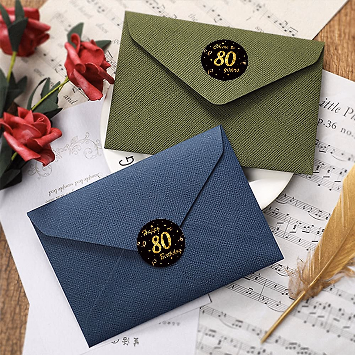 REWIDPARTY Black Gold 80th Birthday Stickers Rolls Cheers to 80 Years Stickers Happy 80th Birthday Stickers Birthday Party Favors Anniversary Party Decorations Adhesive Party Stickers(500 Per Roll)