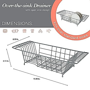 Kitchen Details Sink Dish Drainer Drying Rack | Dimensions: 19. 92" x 7. 99" x 5. 12" | Space Saving | Kitchen | Fits Over Standard Sink | Grey
