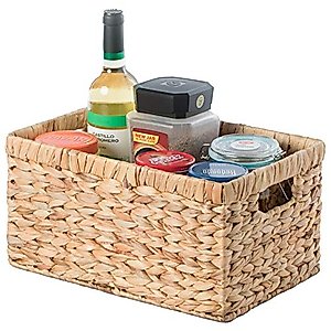Natural Woven Water Hyacinth Wicker Rectangular Storage Bin Basket with Handles, Medium