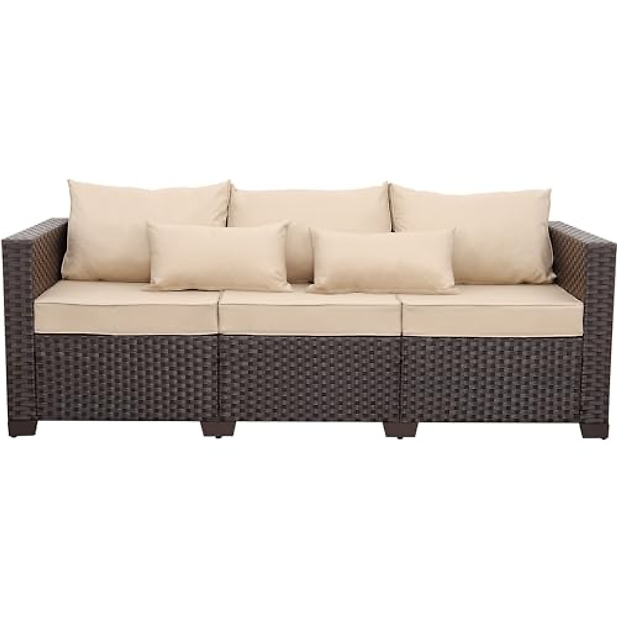 Outdoor Patio Furniture Outdoor Couch 3 Seater Sofa Outdoor Brown Wicker Sofa Deep Seat High Backrest Patio Couch with Anti-Slip Cushions and Waterproof Cover, Khaki