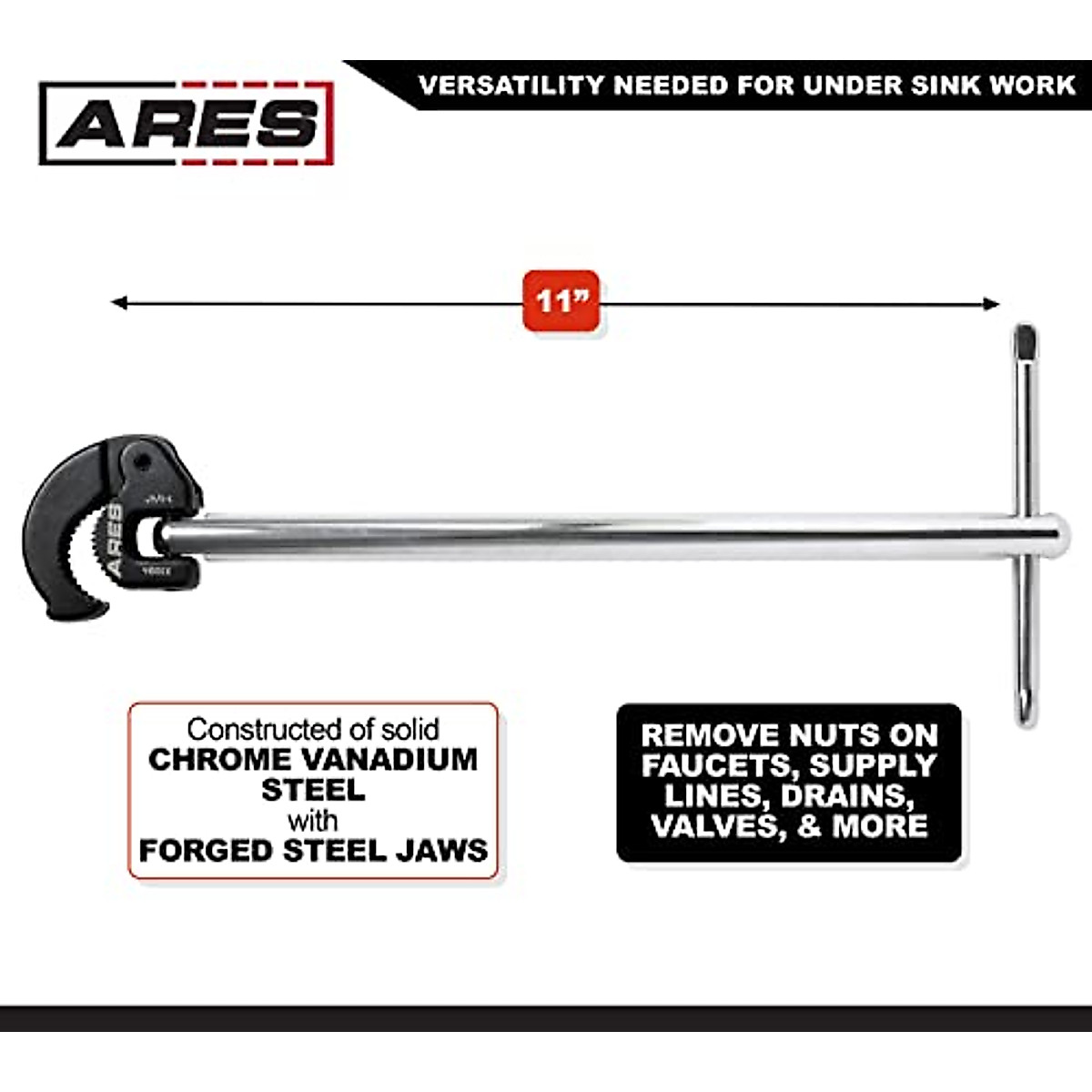 ARES 33004-11-Inch Basin Wrench with Adjustable Jaw - Jaw Adjusts from 3/8 Inch to 1 1/4 Inch - Basin Wrenches Increase Access in Tight Spaces