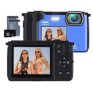 Digital Camera with WiFi 4K 64MP Vlogging Camera for Photography with Dual Screens Point and Shoot Camera with 32GB SD Card, 16X Zoom Compact Camera for Beginners-Blue3
