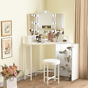 Vabches Vanity Makeup Table Set, Corner Vanity Table, Make Up Vanity Station for Bedroom, 3 Lighting Color, Brightness Adjustable, White