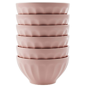 KooK Ceramic Cereal Bowl Set, Kids Breakfast Bowls, Fluted, Microwave and Dishwasher Safe, Kitchen Bowls, For Soup, Pasta, Salad, Dessert, 20 oz, Set of 6 (Dusty Pink)