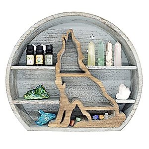 WonderMar Wolf Shelf for Crystals - Crescent Moon Shelf for Rocks, Oils, Plants - Crystal Shelf Display for Wall Decor or Tabletop - Floating Moon Shelves for Cabins, Boho, Rustic, Farmhouse - (Grey)