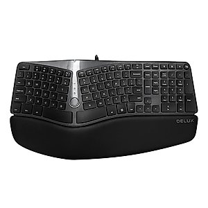 DeLUX Wired Ergonomic Split Keyboard with Wrist Rest, Ergo Keyboard with 2 USB Passthrough, Natural Typing Reducing Hand Pressure, 107 Keys, for Windows and Mac OS (GM901U-Black)