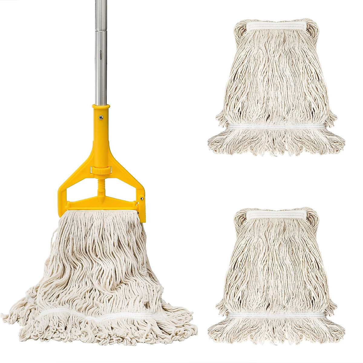 Yesland Commercial Mop with 2 Mop Heads, Industrial Cotton Mop with 61inch Long Handle, Heavy Duty Looped-End String Wet Mops for Cleaning Office Garage Hardwood Warehouse Factory Mall Deck
