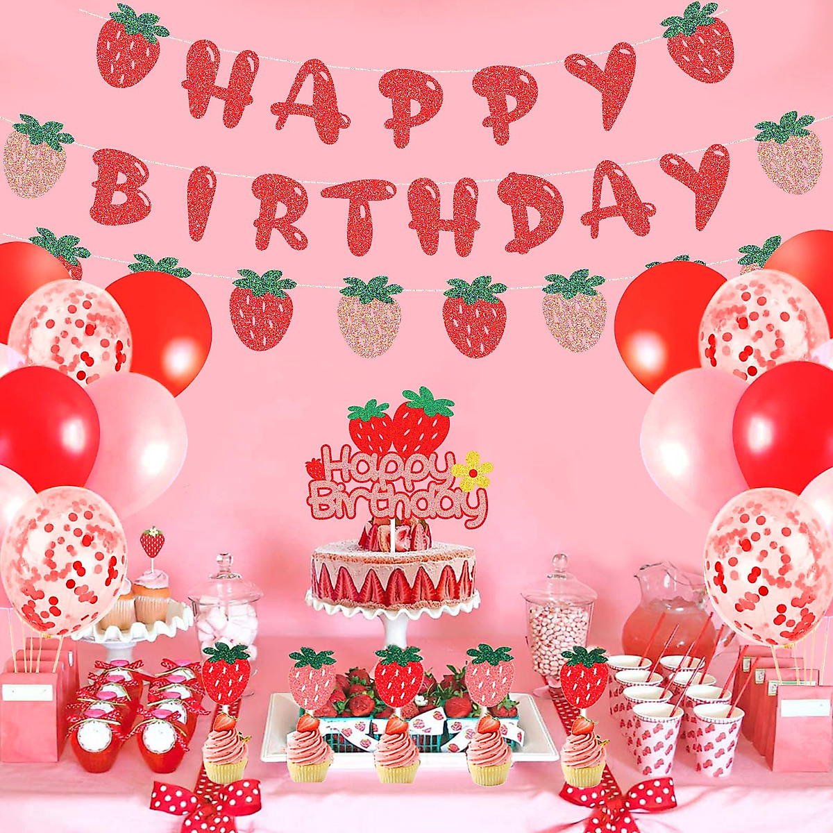 Strawberry Birthday Party Decoration Set Strawberry Happy Birthday Banner Strawberry Cake Toppers, Strawberry Balloons for Little Cutie Baby Shower Girls Party Decor Strawberry Themed Party Supplies
