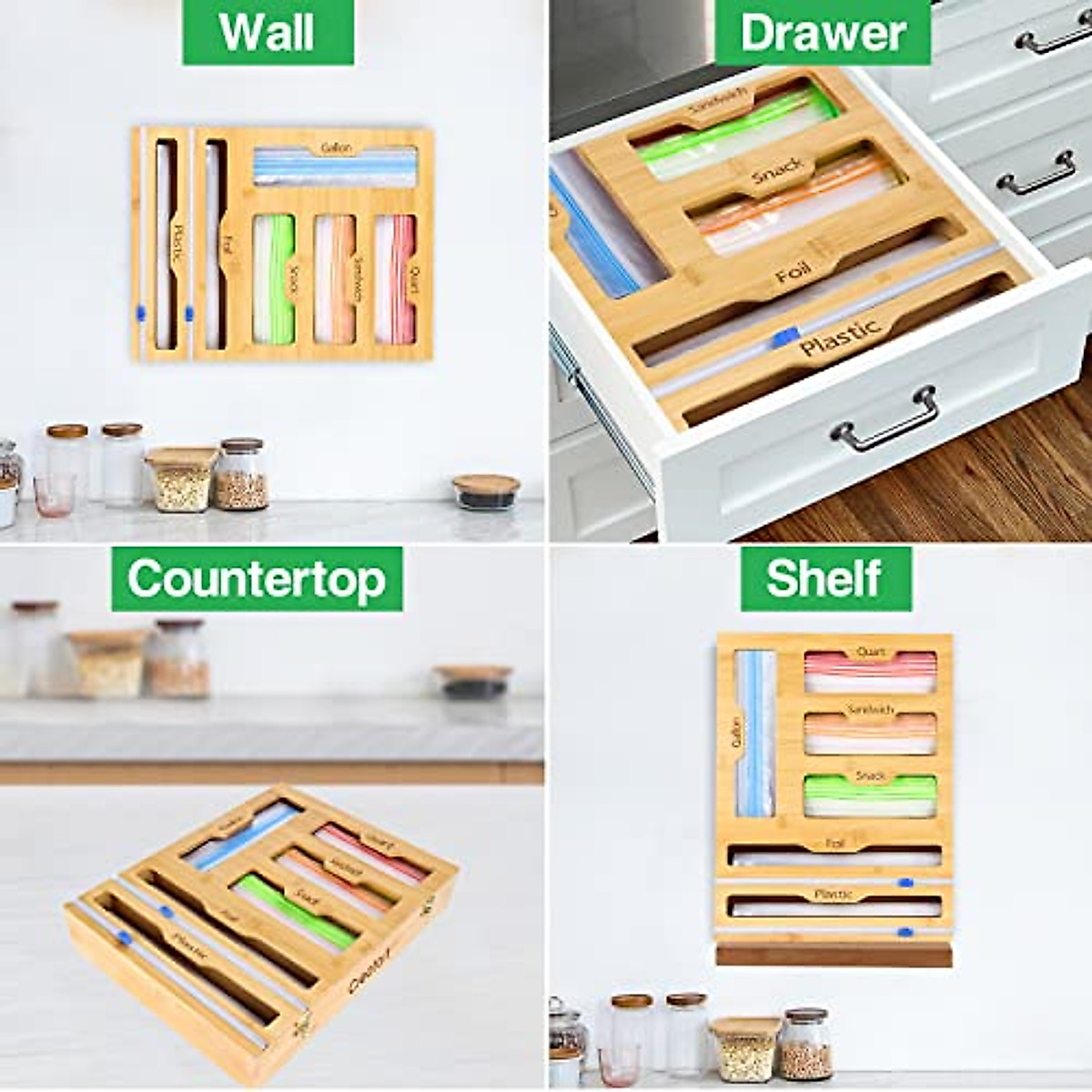 Creatart Bamboo Foil and Plastic Wrap Dispenser with Cutter 6 in 1 Ziplock Bag Storage Organizer for Drawer 12" Food Storage Bag Organizer for Gallon, Quart, Sandwich and Snack