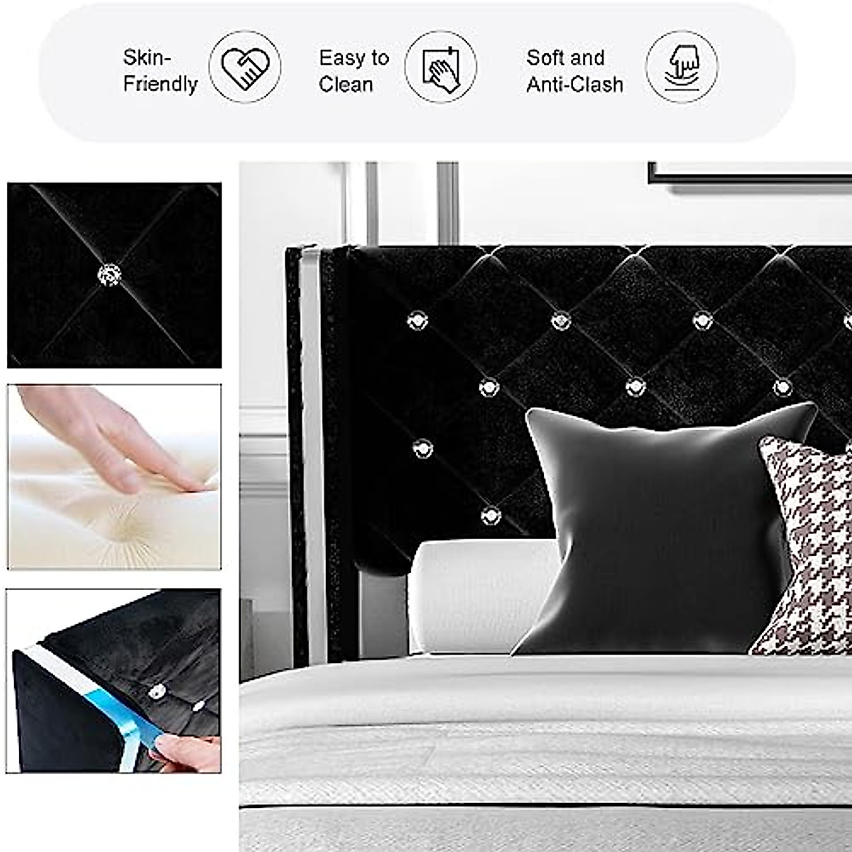 4 EVER WINNER Full Size Bed Frame with Headboard, Black Velvet Bed Frame with Diamond Headboard and Wingback, Tufted Mattress Foundation with Solid Wood Slats Support/No Box Spring Needed