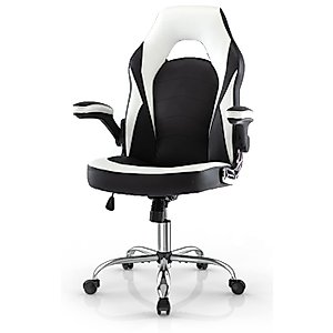 SMUG Gaming Ergonomic Office Computer Desk Racing Style Bonded Leather Gamer Chair, with Flip-Up Arms and Adjustable Height, White