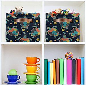 Large Storage Basket Sea Turtle Tropical Fish Cube Storage Bin Canvas Fabric Organizer Handles Collapsible Decorative for Toys Nursery Bedroom