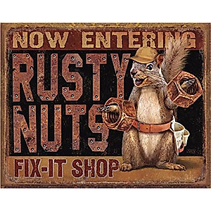 Desperate Enterprises Rusty Nuts Fix It Shop Tin Sign - Nostalgic Vintage Metal Wall Decor - Made in USA