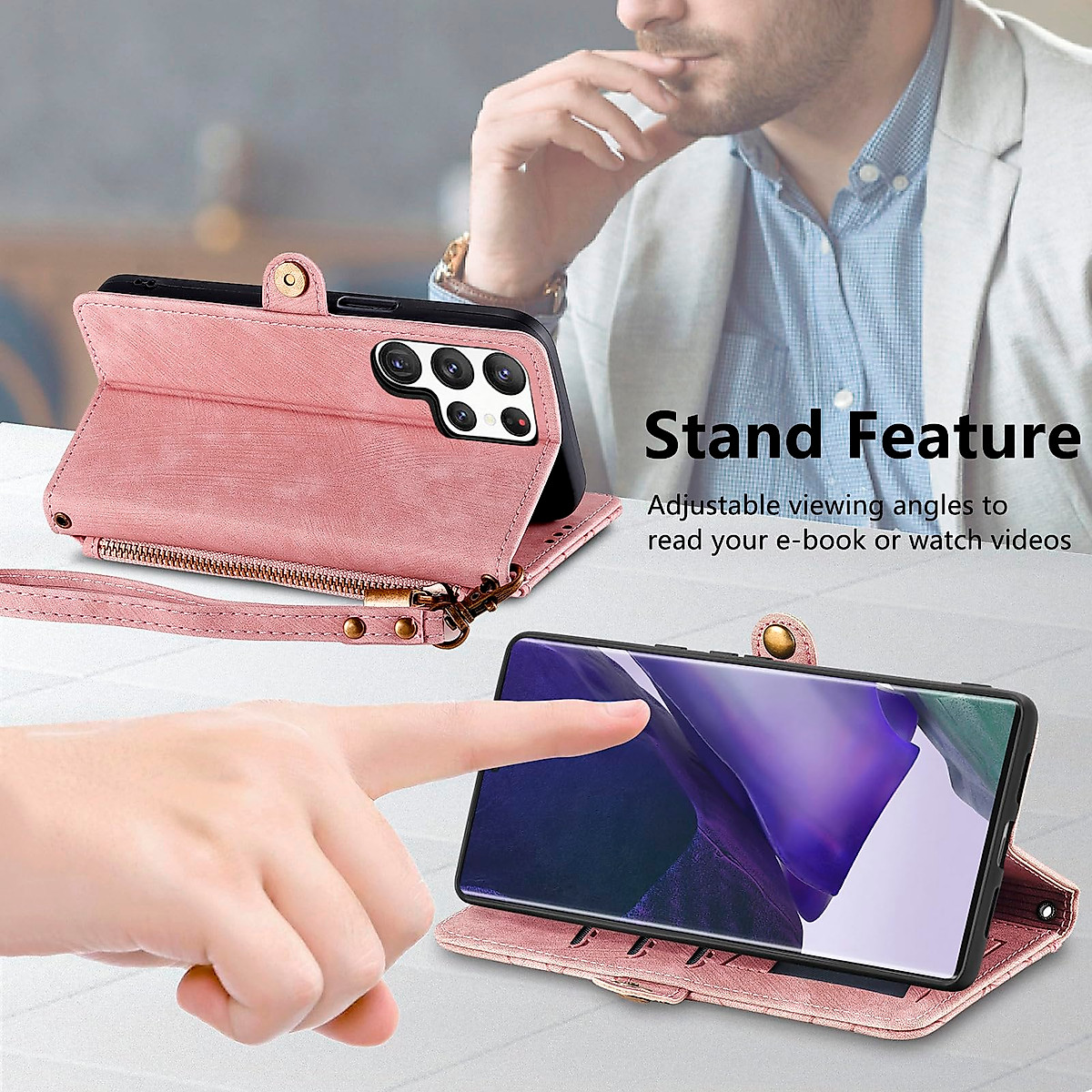 Asuwish Phone Case for Samsung Galaxy S22 Ultra 5G Wallet Cover with Tempered Glass Screen Protector and Flip Zipper Card Holder Stand Cell Accessories S22ultra 22S S 22 S22ultra5g 6.8 Women Men Pink