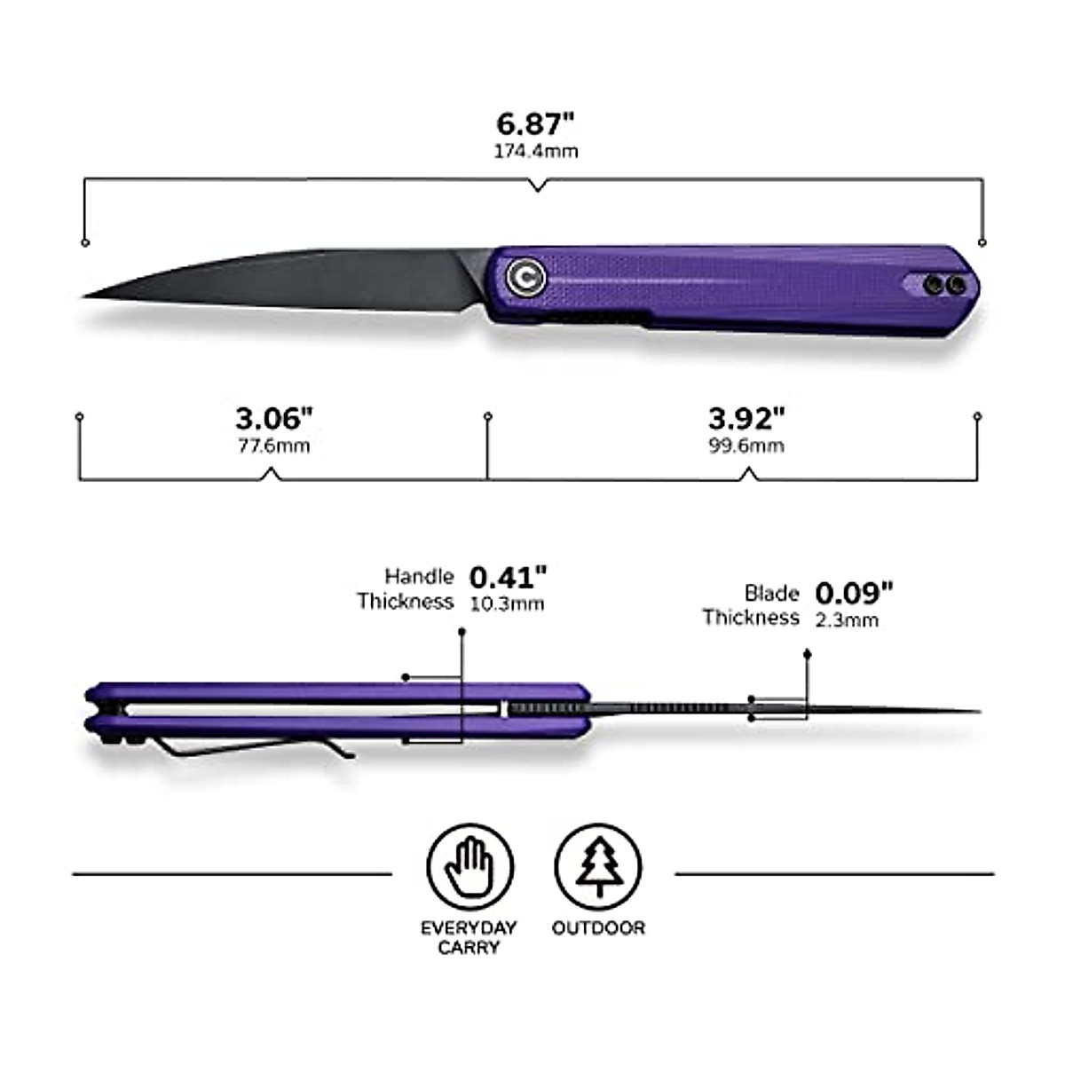 CIVIVI Clavi Folding Knife, Gentleman's Knife Front Flipper Knife for Everyday Carry, 3.06" Nitro-V Steel Blade Purple G10 Handle Pocket Knife for EDC Ostap Hel Designed C21019-2