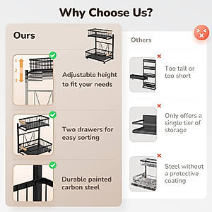 Under Sink Organizer, Pull Out Cabinet Organizer, Metal 2-Tier Under Sink Storage, Adjustable Height Rack Shelf Drawers Sliding Basket for Kitchen Bathroom Utility Room Cabinet