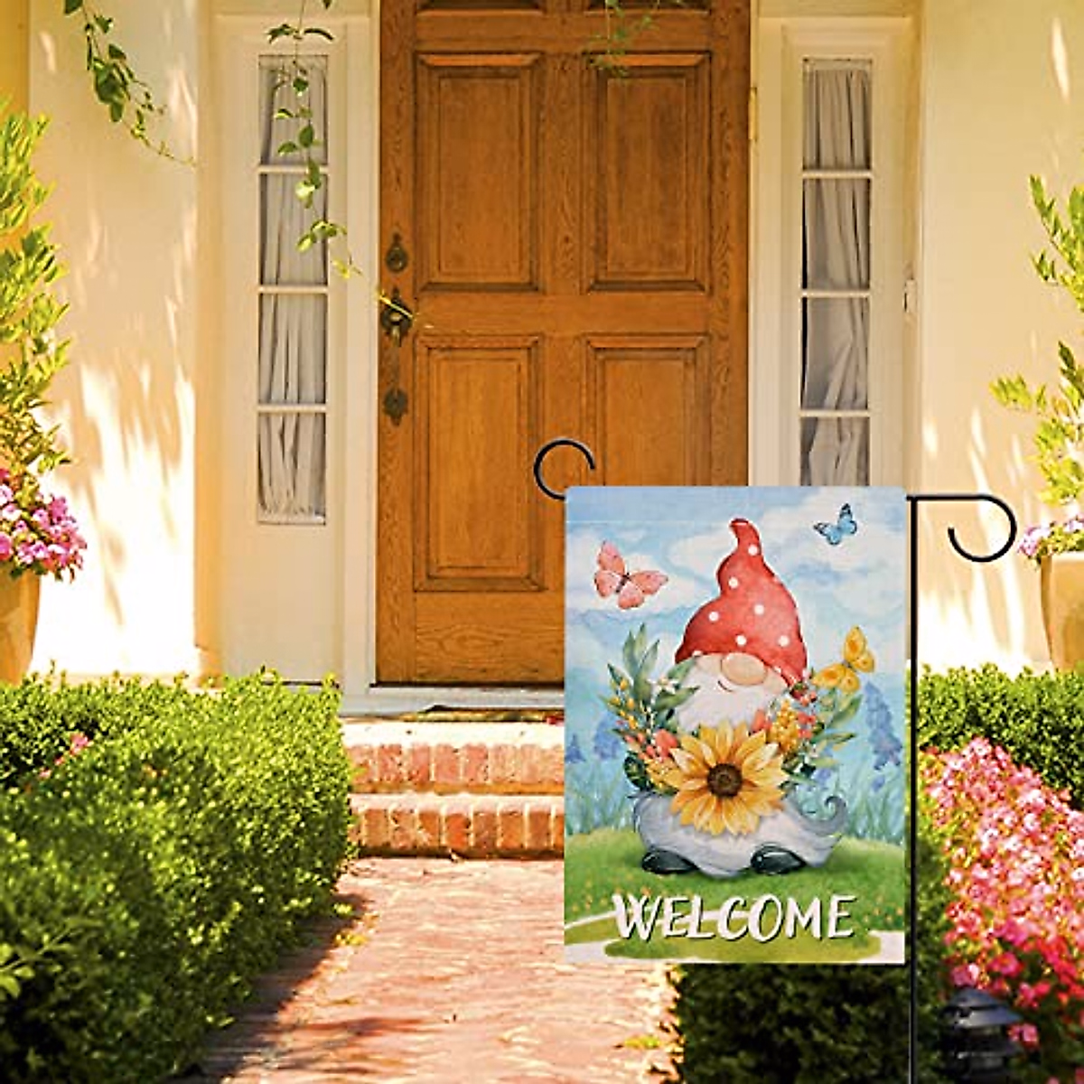 Hzppyz Welcome Spring Gnome Sunflower Wild Flower Garden Flag Double Sided, Red Polka Dots Hat Butterfly Floral Decorative House Yard Outdoor Small Decor, Summer Seasonal Home Outside Decoration 12x18
