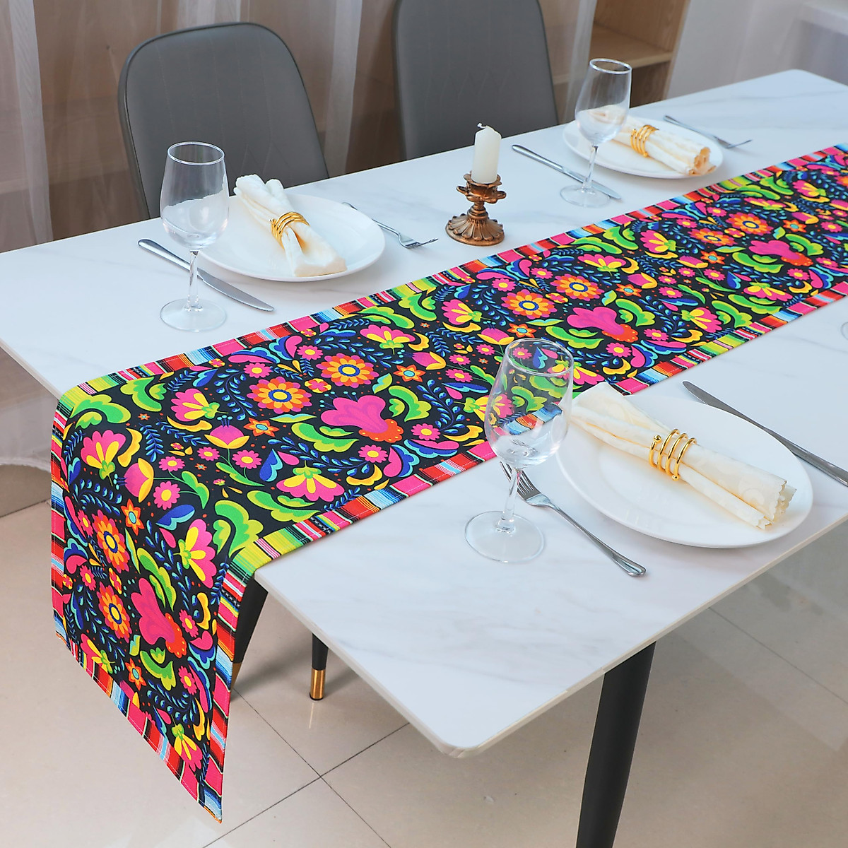 Snowkingdom Mexican Fiesta Table Runner, Mode Floral Dia De Los Muertos Décor Day of The Dead Altar Decoration for Holiday Home Party (13" x 72")