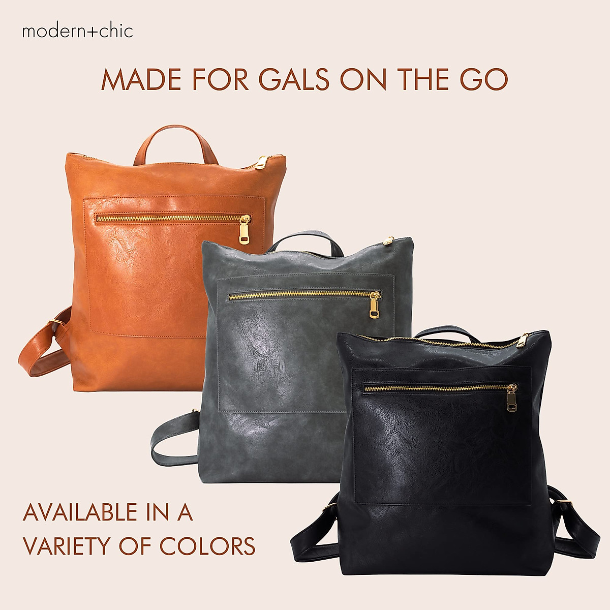 modern+chic Reese Trendy Backpack, Women's Vegan Leather Spacious Travel Bag, 12" W x 15" H or 15" W x 17" H