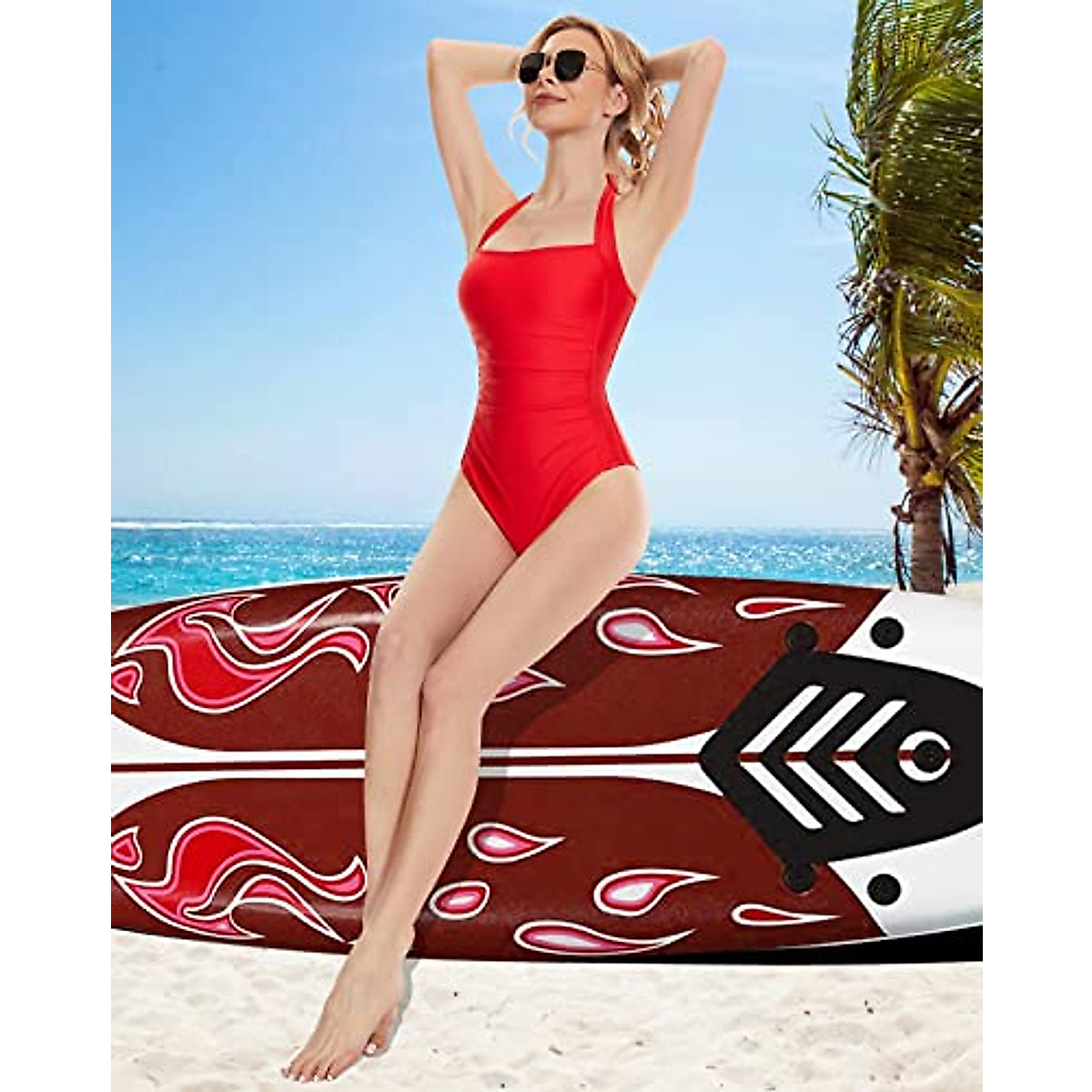 TISEMENT One Piece Swimsuit Women Open Back, Sexy Deep-Cut Lace-Up Back, Ruched Push up Swimwear, Tummy Control Bathing Suits
