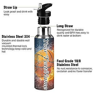 ZOEO Custom Stainless Steel Water Bottle Personalized Name Basketball Fire with Straw Lid Insulated Keeps Hot and Cold Flask Jug for Sports Gym Cycling Outdoor 20 Oz
