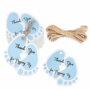 jijAcraft Baby Shower Thank You Tags,100Pcs Thank You Gift Tags with String,Blue Baby Shower Tags,Personalized Baby Feet Thank You for Popping by Tags for Baby Shower Brithday Party Favors (6 x 5.5cm)