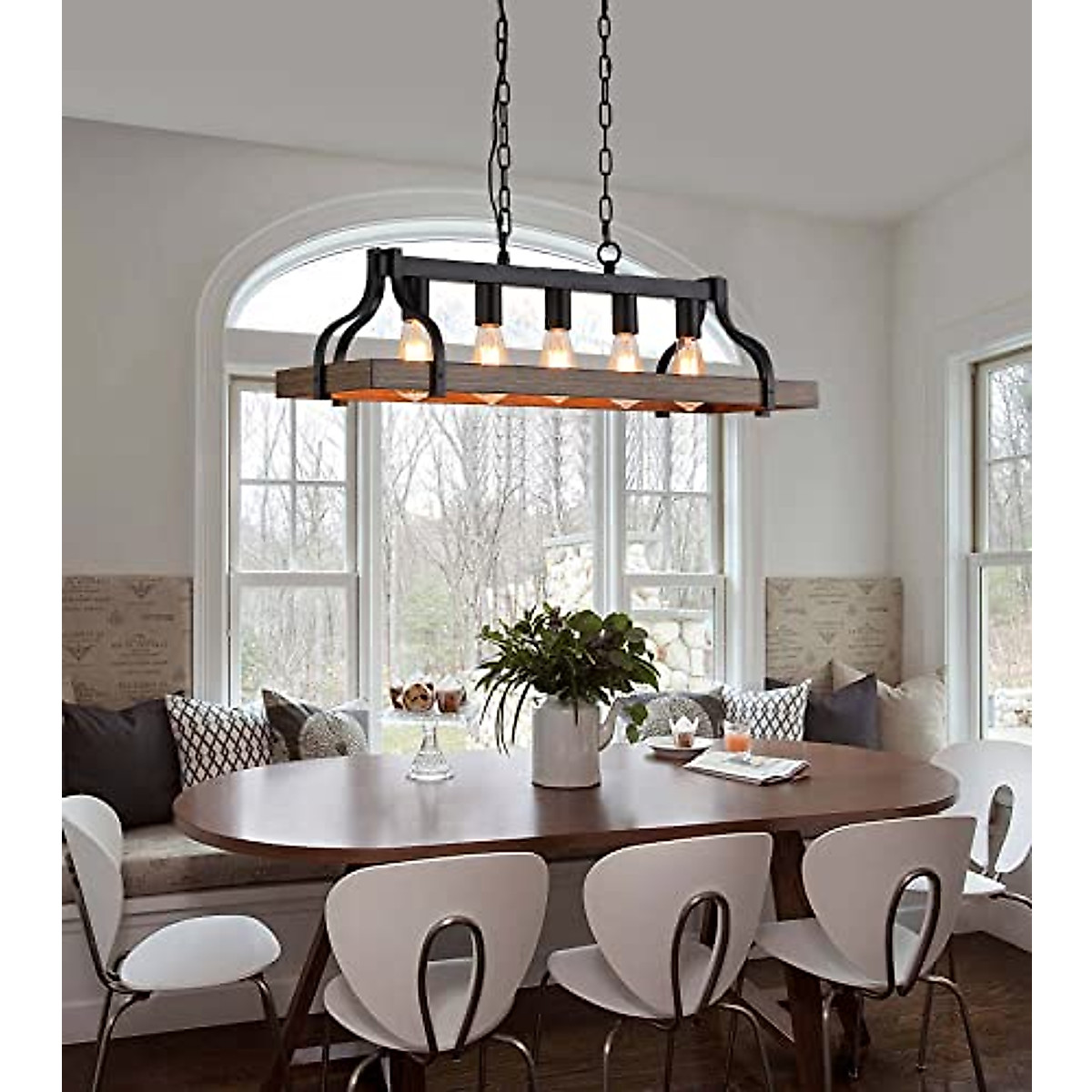 MEIXISUE Rustic Kitchen Island Dining Room Light Fixture Farmhouse Linear Chandelier Black and Retro Wood Finish 5-Light Industrial Metal Hanging Pendant Light UL Listed L33.5 W10.6