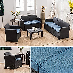 MCombo 7pcs Patio Furniture Set All-Weather Outdoor Sectional Sofa Rattan Pattern Patio Conversation Set w/Seat Cushions 6050-800 (Blue)