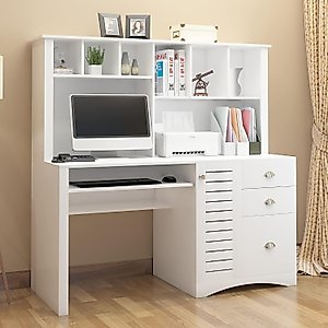 JOYSOURCE 59" Computer Desk with Hutch, 2-Tier Shelves, Keyboard Tray, 3 Drawers, White - Large Home Office Desk for Gaming, Writing, Study Workstation