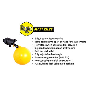 Jobe Valves J-RJV0075HF Rojo High-Flow Low-Pressure Float Valve, 4.9"-Wide Float, 3" Extension Arm, 20L/Min, 75PSI, 3/4" NPT Inlet, Yellow/Black