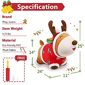 iPlay, iLearn Bouncy Pals Christmas Reindeer Bouncy Horse Toys, Hopping Animals, Inflatable Ride on Hopper, Plush Jumping Bouncer, Birthday Gifts for 18 Month 2 3 4 Year Old Toddlers Boys Girls Kids