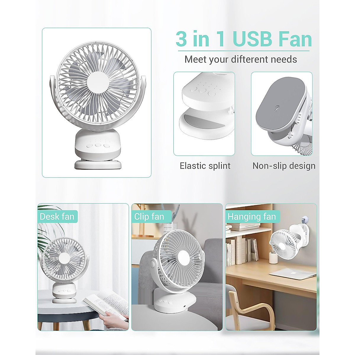 Portable Clip on Fan, Oscillating ＆ 120° Rotate Battery Operated Stroller Fan, 4 Speed Quiet Mini Personal Desk Fan, USB Rechargeable Fan for Outdoor Camping Golf Cart Stroller Home Office White
