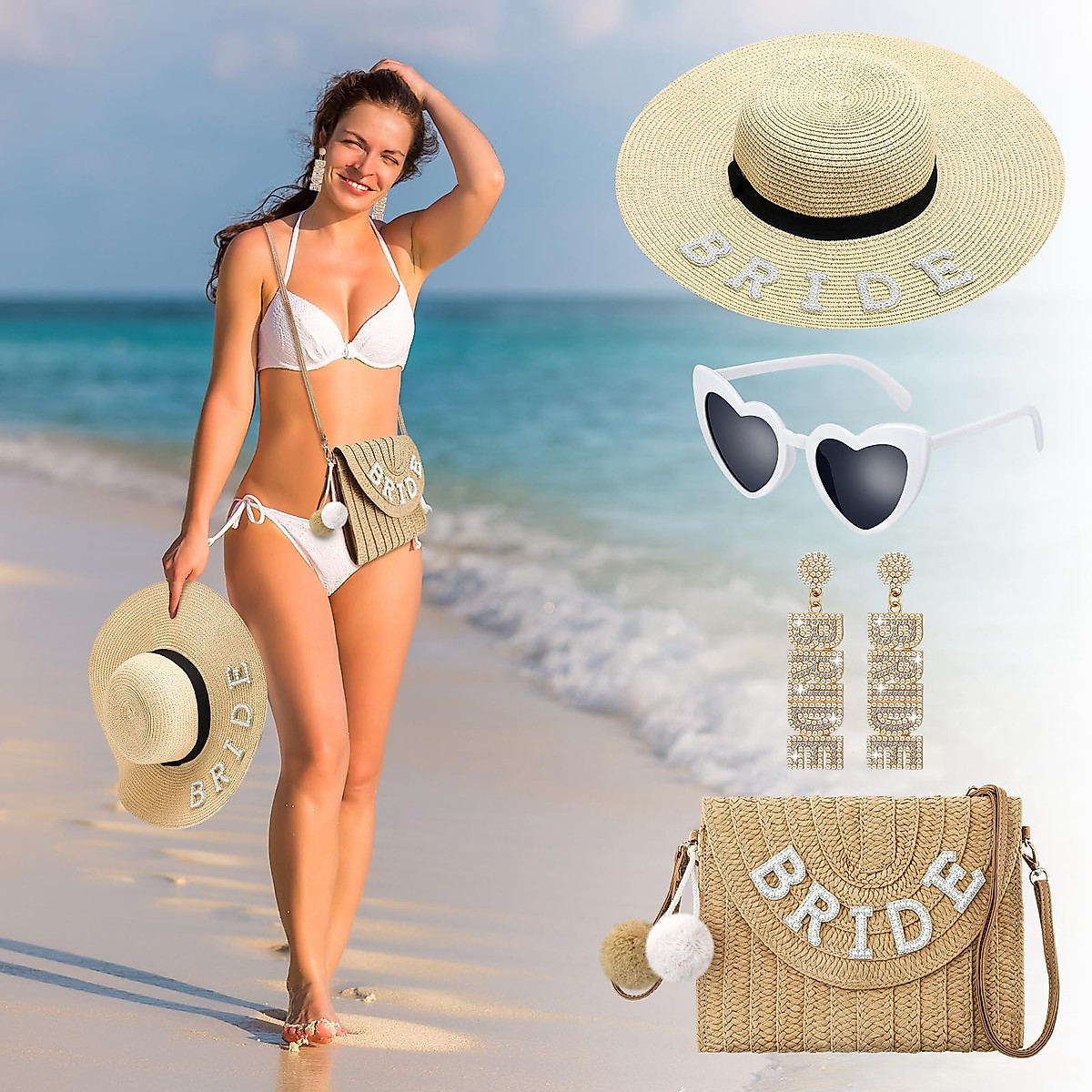Bunnycool 4 Pcs Bridal Shower Gifts Set Bride Sun Hat Straw Shoulder Bag Heart Sunglasses Rhinestone Bride Earrings Bachelorette Gifts for Bride Wife Wedding Honeymoon Summer Beach Present
