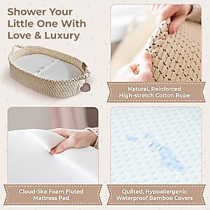 Kiddo Vibes Baby Changing Basket Set w/Comfy Fluted Pad, 3 Waterproof Bamboo Jacquard Covers & Large Matching Diaper Caddy, Reinforced Cotton Rope Moses Basket w/Built-in Safety Belt CPSC Compliant