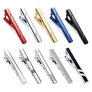 CASSIECA 10 Pcs Tie Clips for Men Classic Tie Bar Set for Regular Ties Necktie Wedding Business Clips with Gift Box