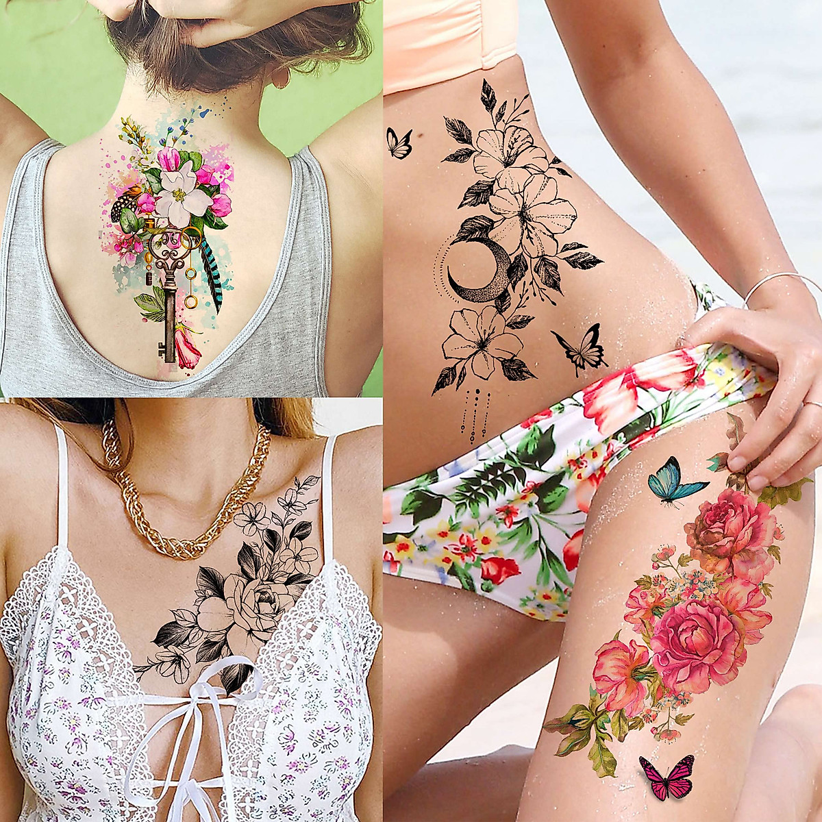 TASROI 18 Sheets Sexy Flower Rose Temporary Tattoos For Women Girls Adults, Women Body Art Fake Arm Tattoo Stickers, Waterproof Moon Butterfly Black Floral Tattoo Temporary Orchid Dahlia Neck Tatoos