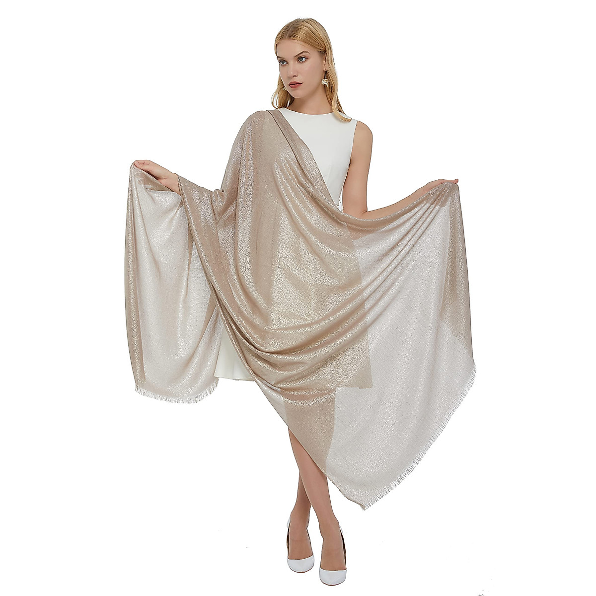 PANTONIGHT Women's Sparkling Metallic Evening Shawl Lightweight Wedding Shawl Extra Large Dressy Shawls and Wraps for Party (CHAMPAGNE GOLD 2511)