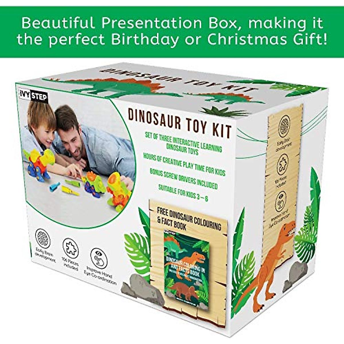 Dinosaur Building Toy Set for Kids - STEM Take Apart Construction Toys Include Build a Dino Construct & Play Kit, Storage Bag, & Coloring Book - Educational Toys, Birthday Party Toy Dinosaurs