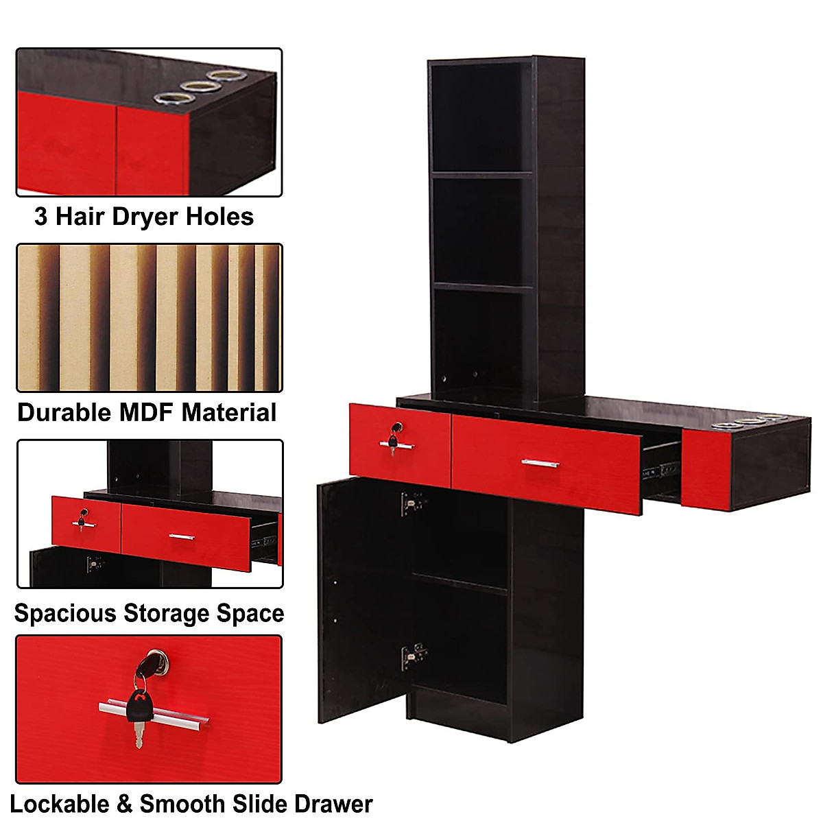 MTFY Beauty Salon Spa Equipment Set,Wall Mount Hair Styling Barber Station Barber Salon Station Makeup Equipment Set with 1 Cabinet 2 Drawers (Black & Red)