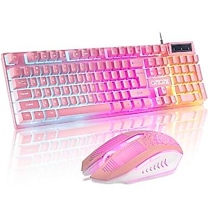 CHONCHOW Pink Keyboard and Mouse Combo with Backlit, Function Keys, 19 Keys Anti-ghosting for Gamer on PC Laptop Computer Mac PS4 Xbox, Cute Wired Light Up Gaming Keyboard & RGB Mouse for Girl Women