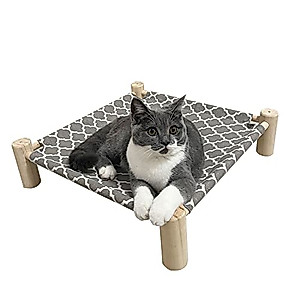 Babyezz Cat and Dog Hammock Bed, Wooden cat Hammock Elevated Cooling Bed, Detachable Portable Indoor / Outdoor pet Bed, Suitable for Cats and Small Dogs (Grey mesh cat Bed)