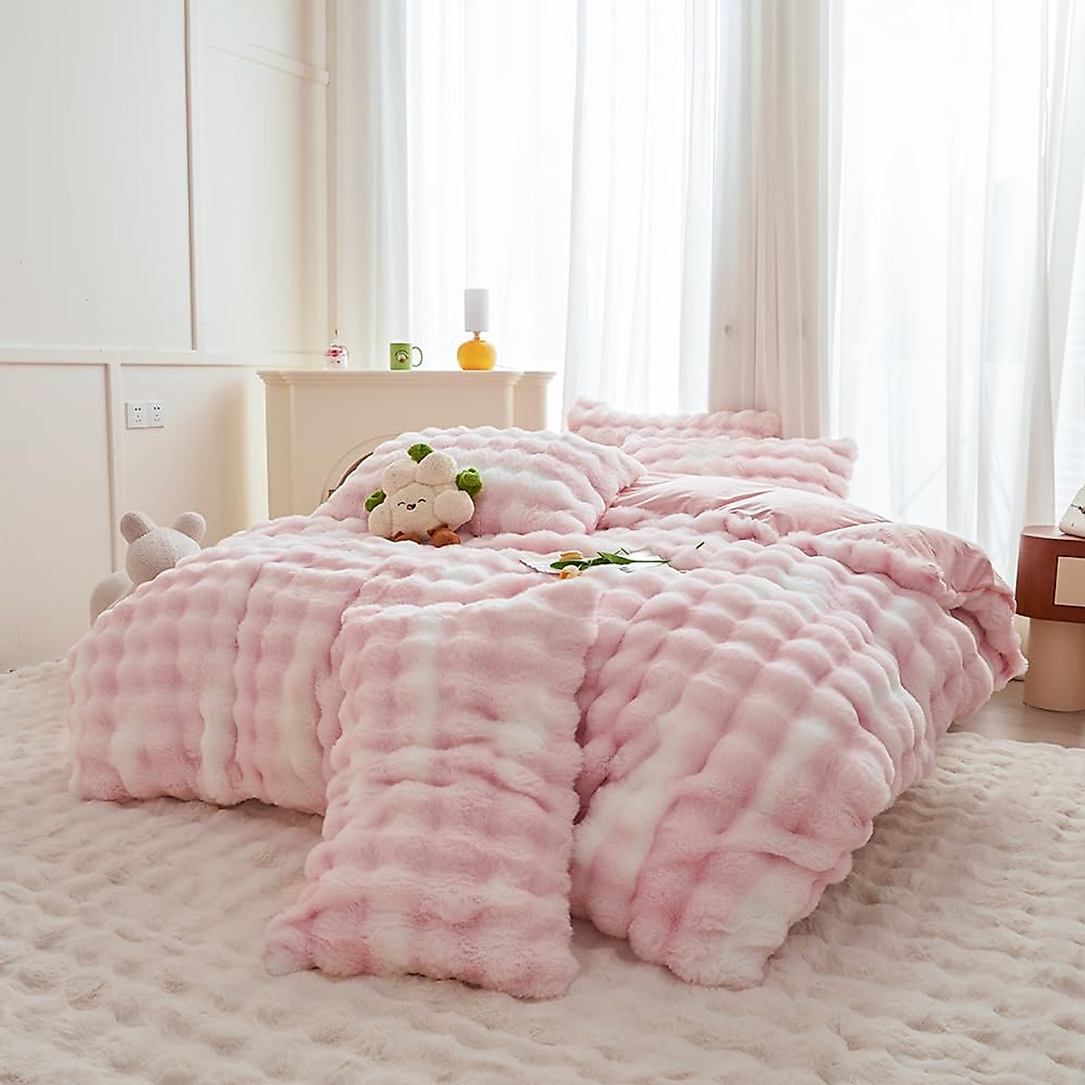 chovy Rabbit Plush Pink White Faux Fur Duvet Cover Comforter Cover King - 3PC Bed Set Ultra Soft Shaggy Flannel Velvet Fluffy Fuzzy Bedding（Duvet Cover x 1 Pillowcases x 2）