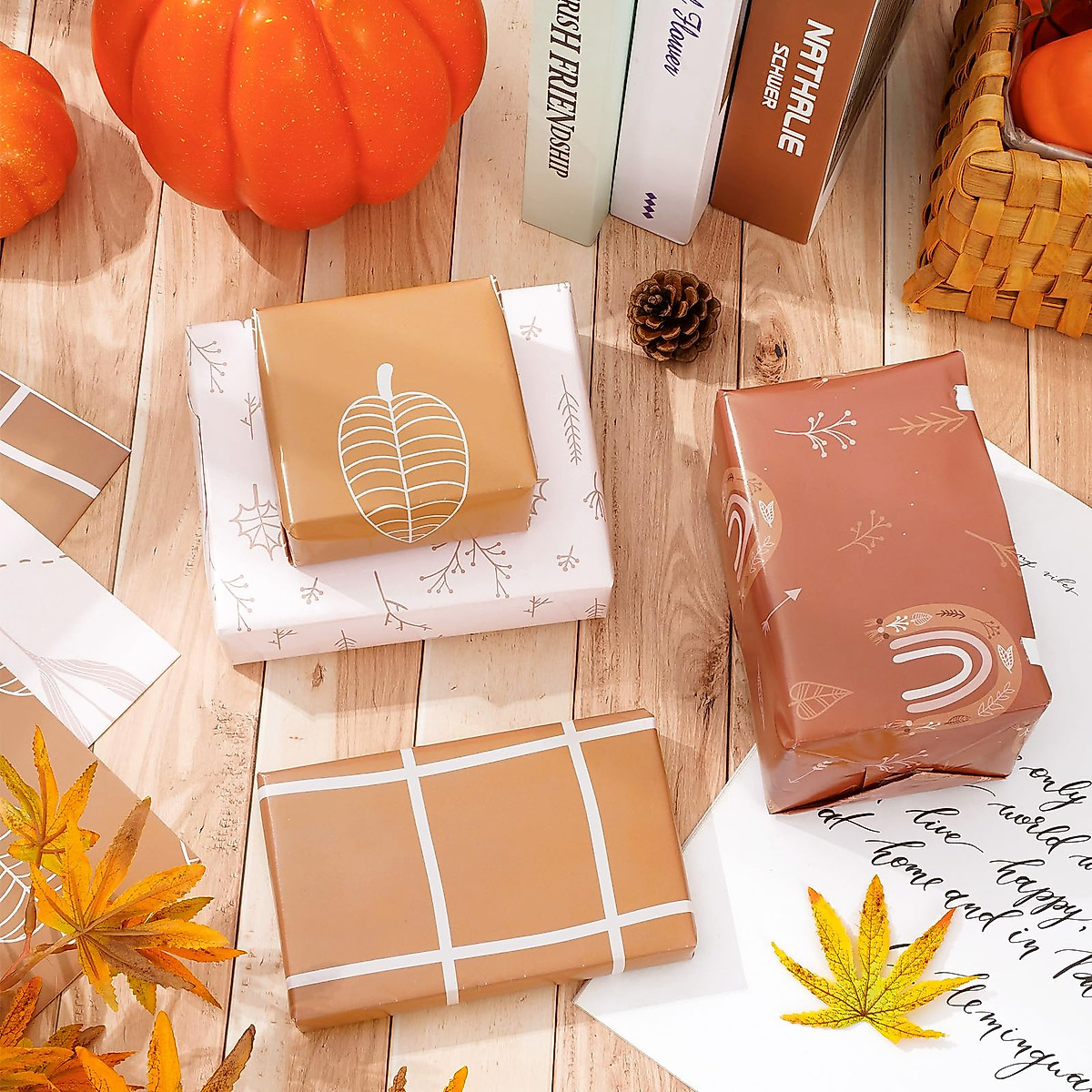 Whaline 12 Sheet Boho Fall Wrapping Paper 6 Style Maple leaf Stripes Pattern Packaging Paper Folded Flat DIY Art Craft Paper for Autumn Holiday Birthday Wedding Baby Shower, 19.7 x 27.6 Inch