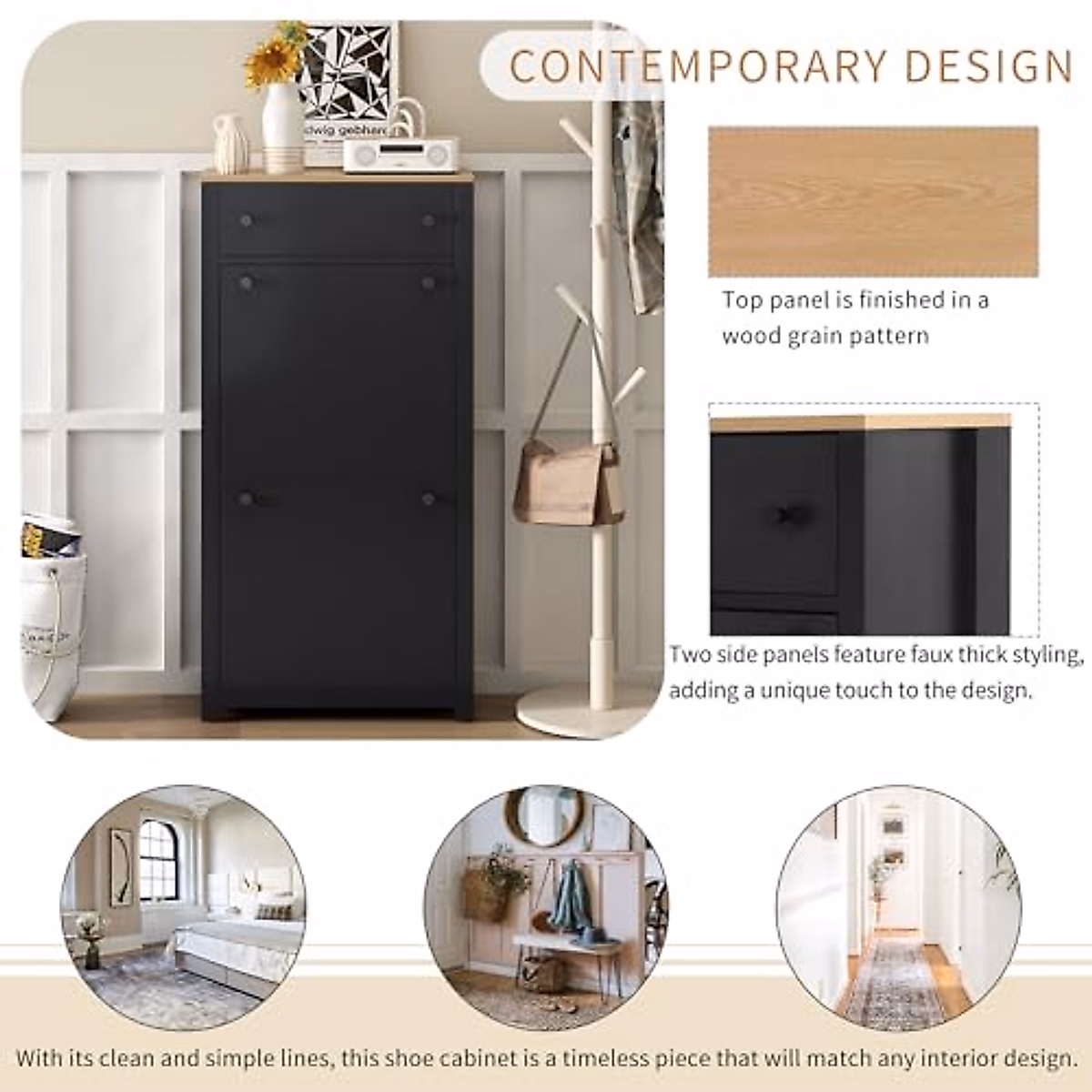 Shoe Storage Cabinet with 2 Flip Drawers, Narrow Shoe Cabinet for Entryway Slim with Wood Grain Top, Wall Hidden Shoe Organizer Cabinet with Adjustable Shelves for Entryway, Hallway, Black