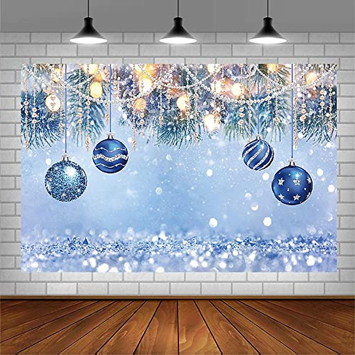 AIBIIN 7x5ft Winter Christmas Backdrop for Photography Blue Bell Glitter Bokeh Snowflake Snow White Pearl Photography Background Holiday Kid Family Portrait Xmas Tree Banner Photo Booth Studio Props